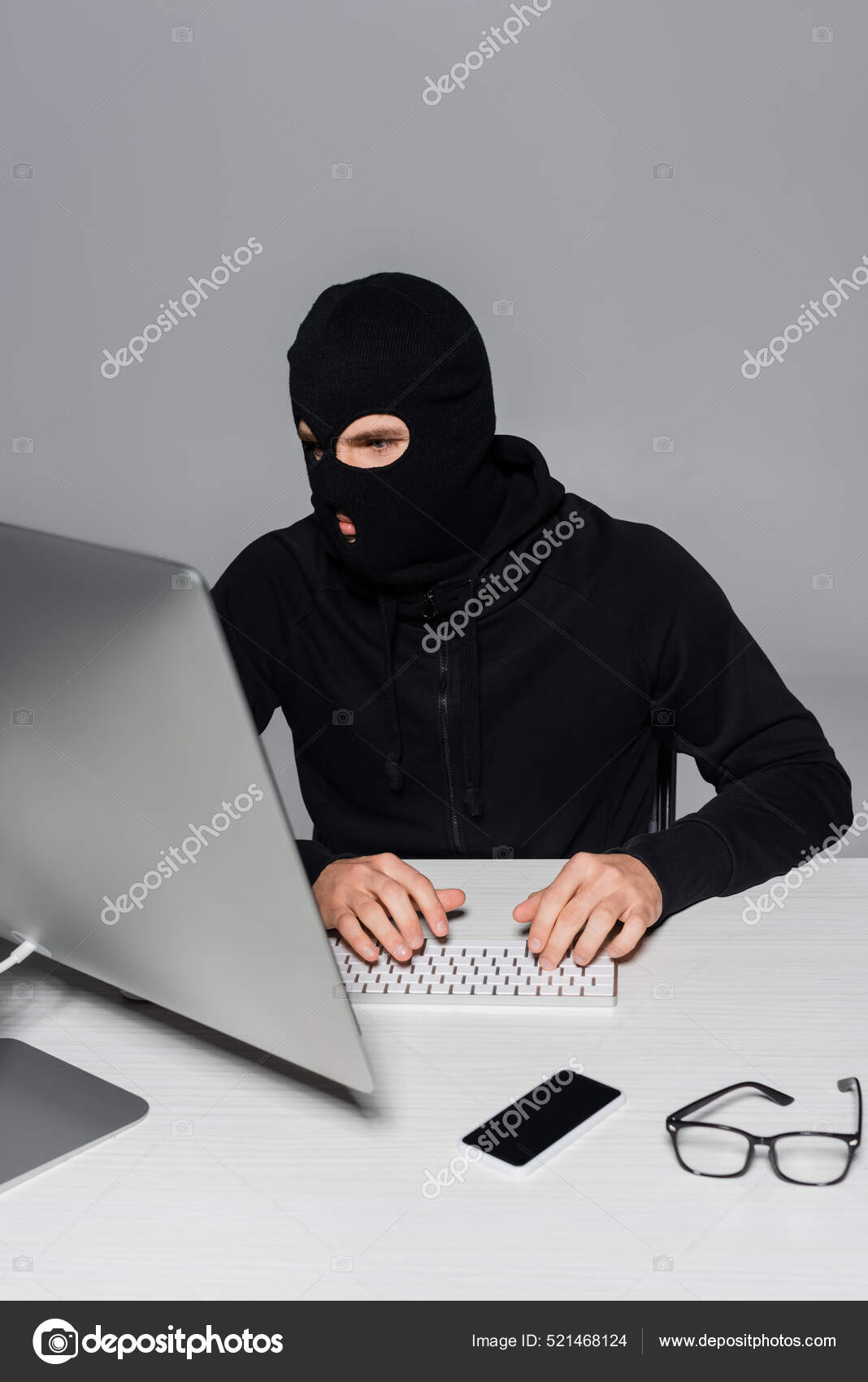 Hacker Balaclava Using Computer Smartphone Eyeglasses Isolated Grey ...