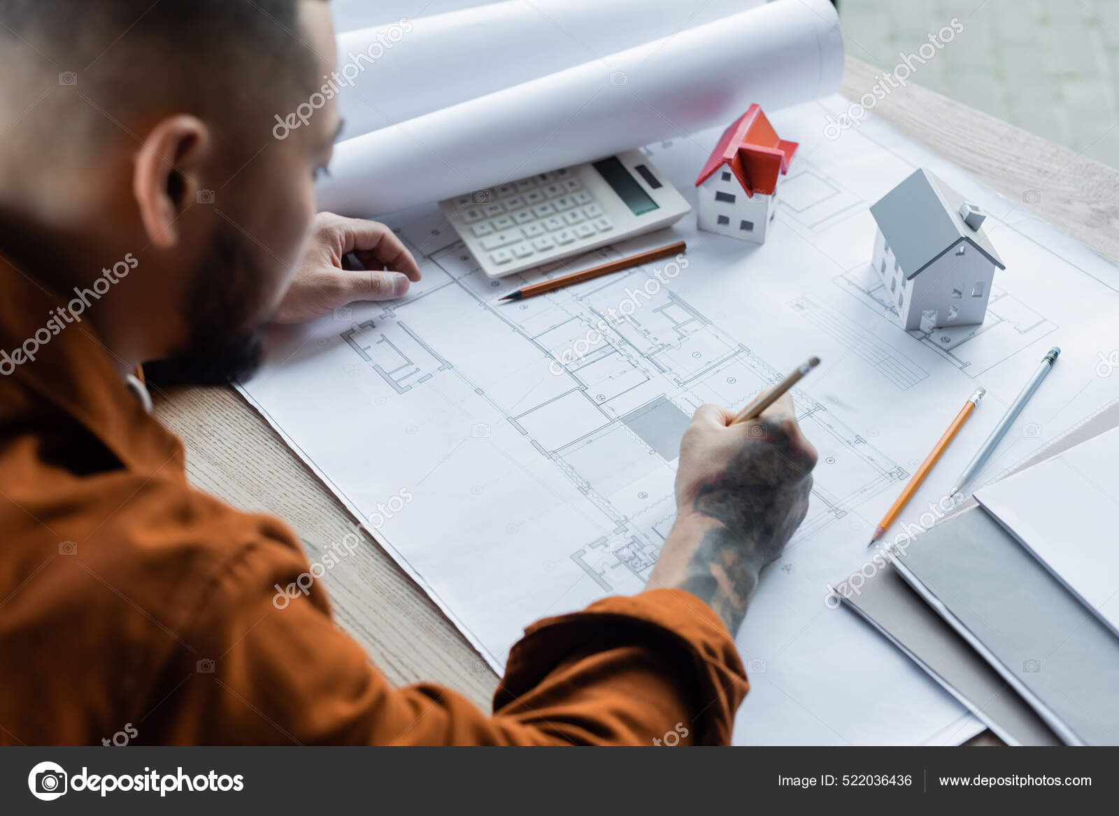 High Angle View Blurred Asian Architect Drawing Blueprint House Models ...