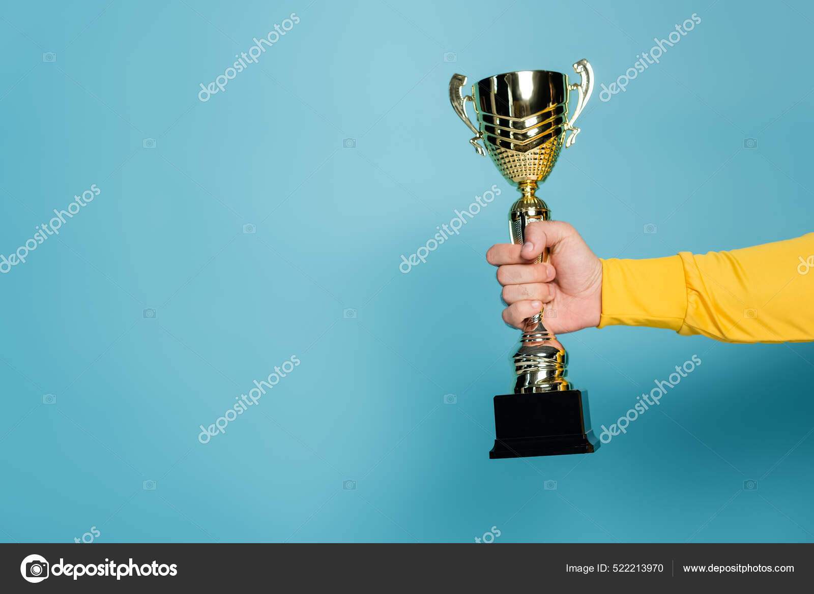 Cropped View Man Holding Golden Trophy Blue — Stock Photo ...