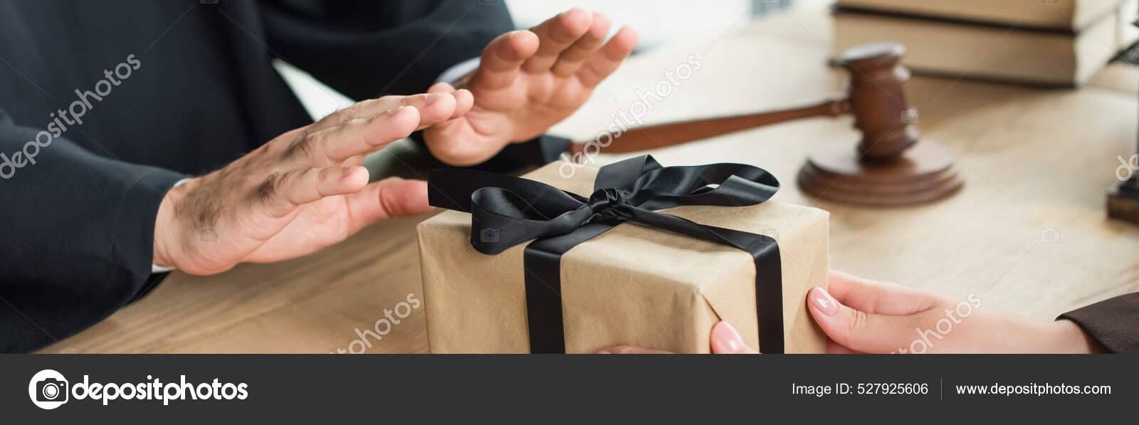 Partial View Judge Showing Refuse Gesture Woman Gift Box Corruption ...