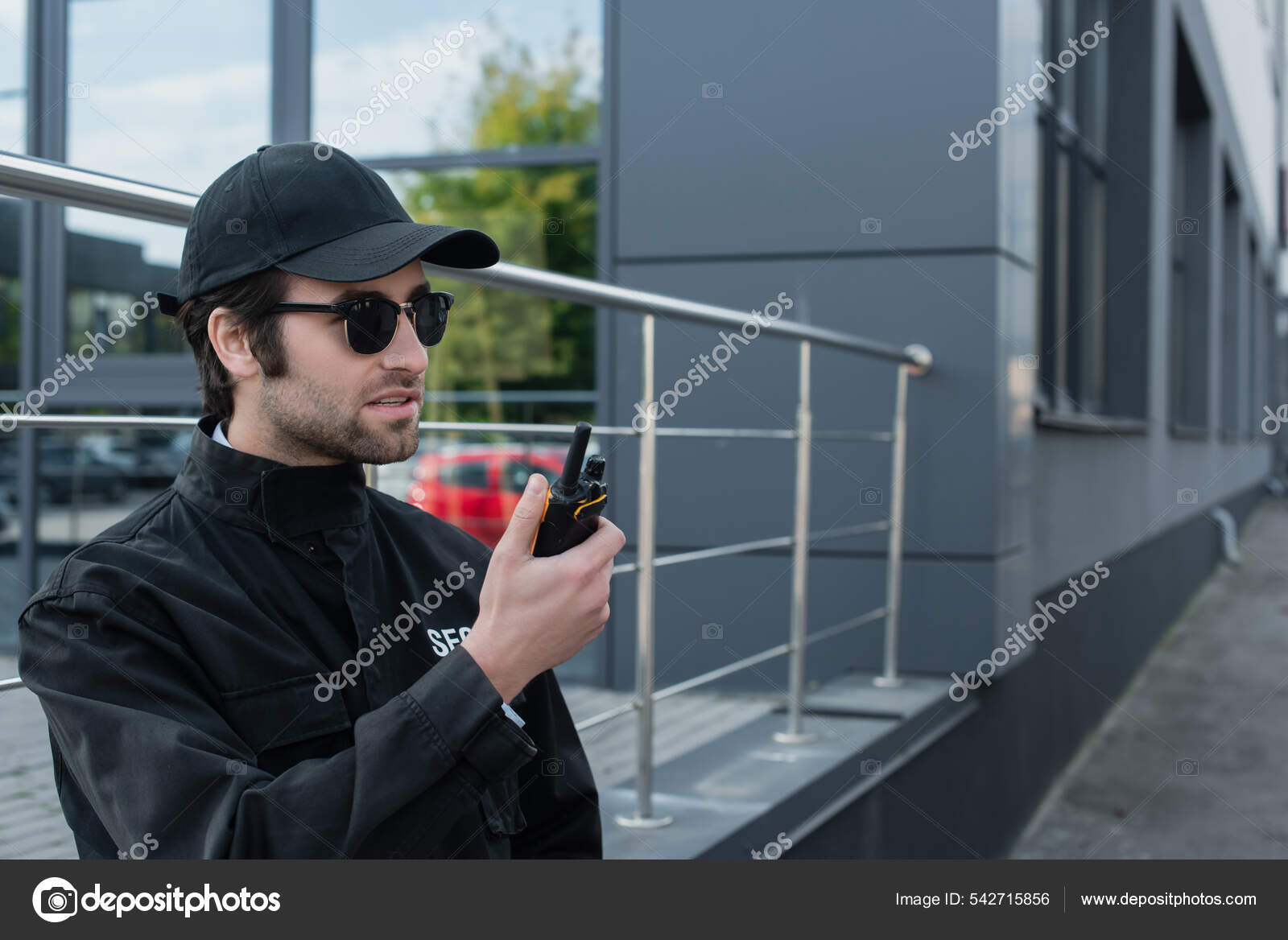 Security Man Black Uniform Sunglasses Talking Walkie Talkie Building ...