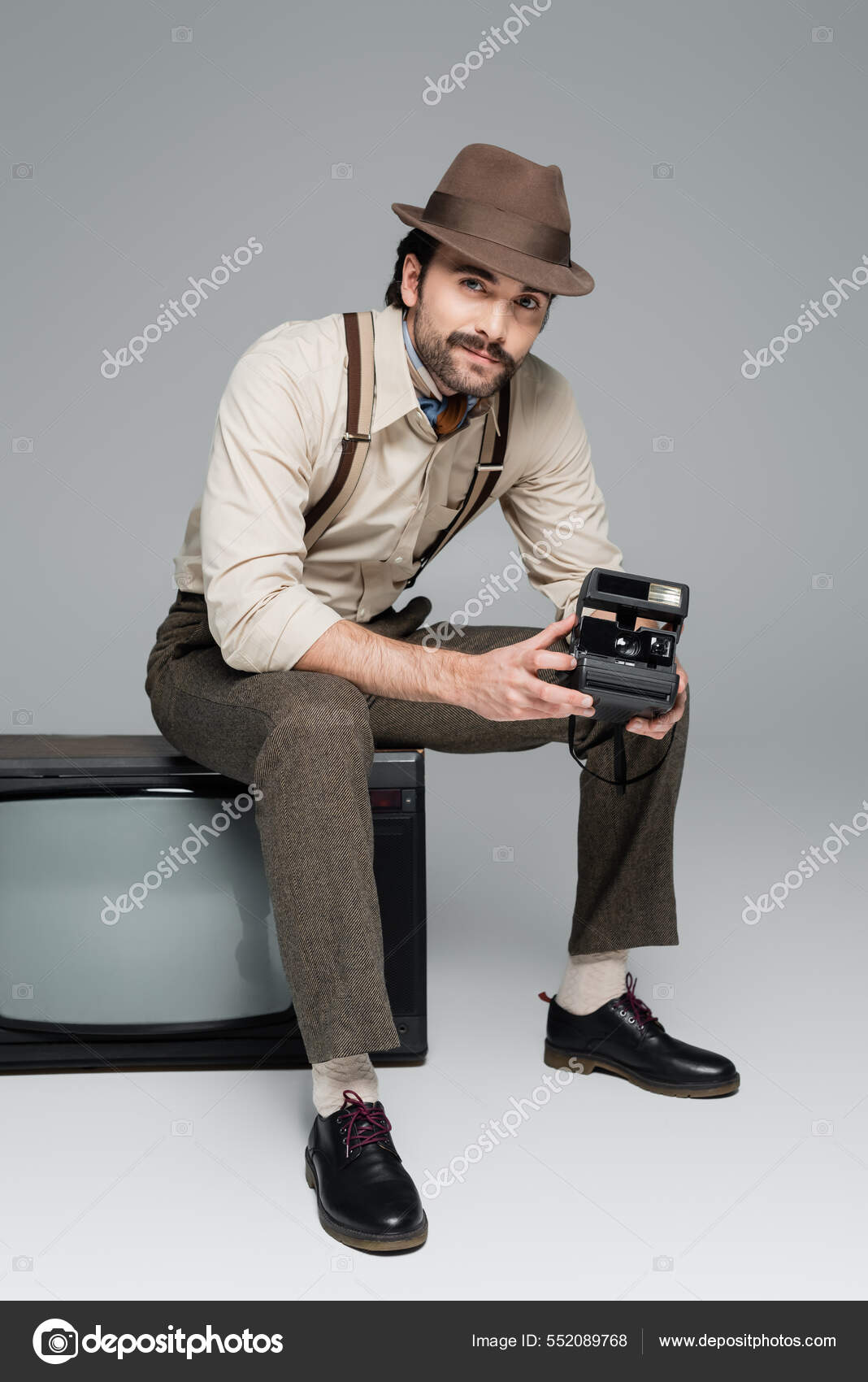 Full Length Smiling Man Retro Style Clothing Hat Holding Vintage ...