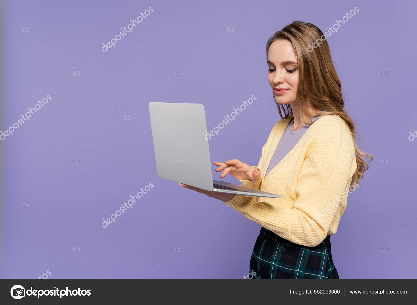 Cheerful Student Using Laptop Isolated Purple — Stock Photo ...