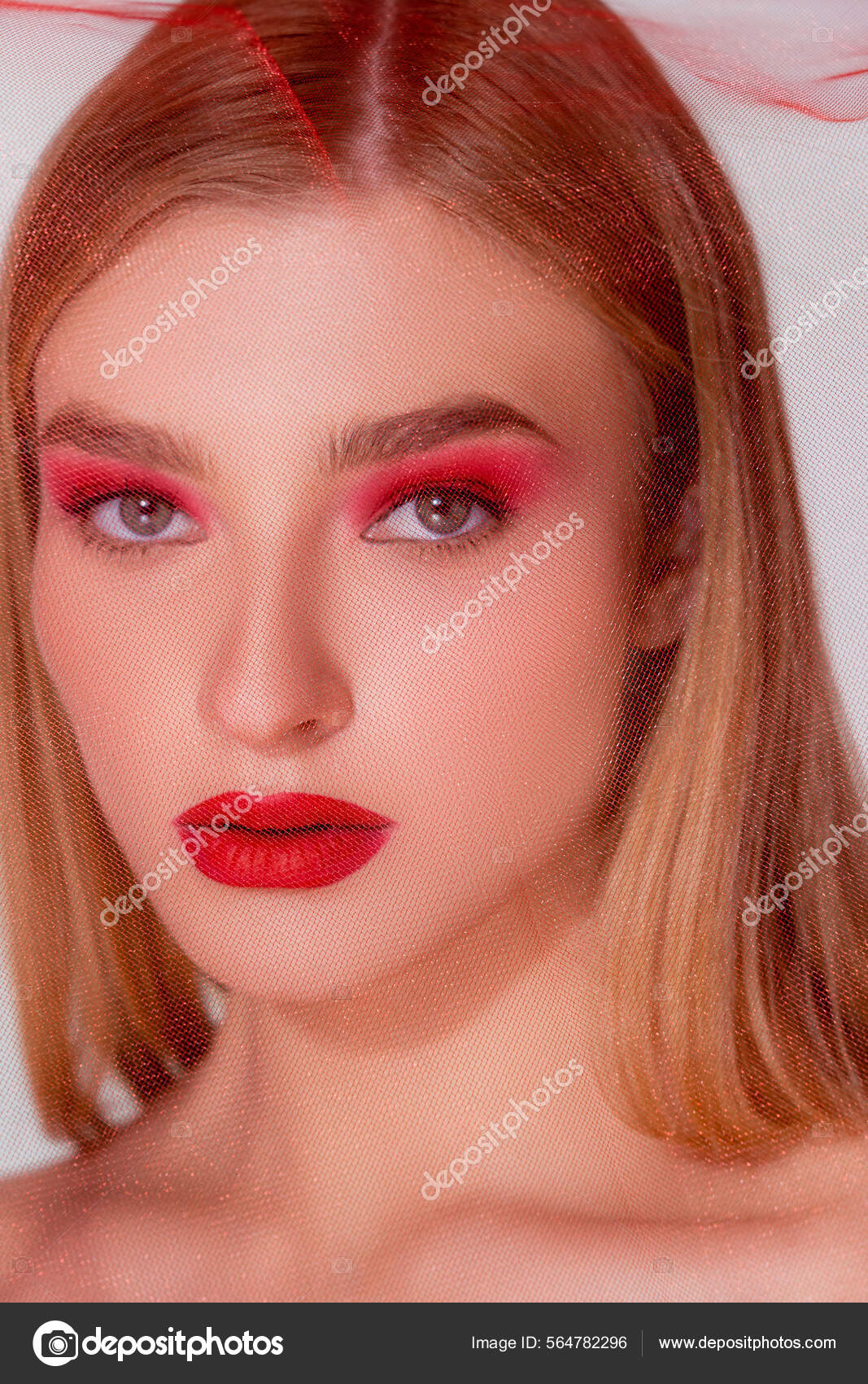 Portrait Fair Haired Model Red Visage Looking Camera Fabric Grey ...