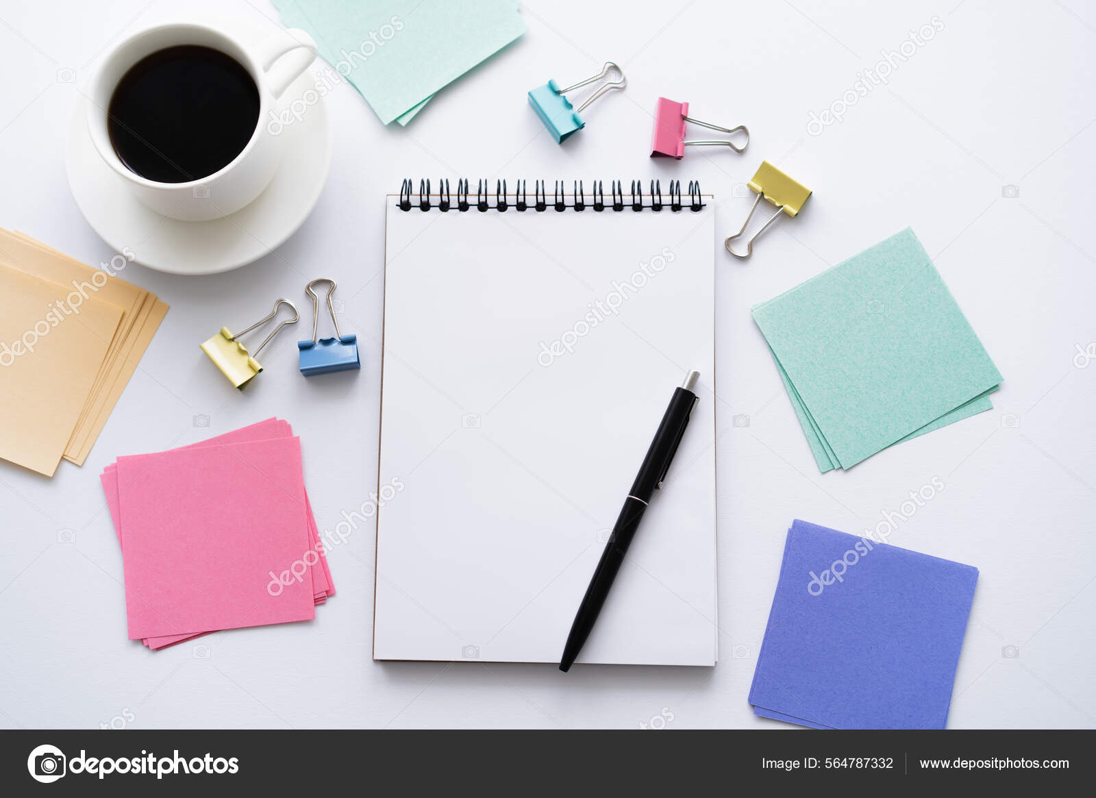 Top View Pen Notebook Paper Notes Fold Back Clips Cup — Stock Photo ...