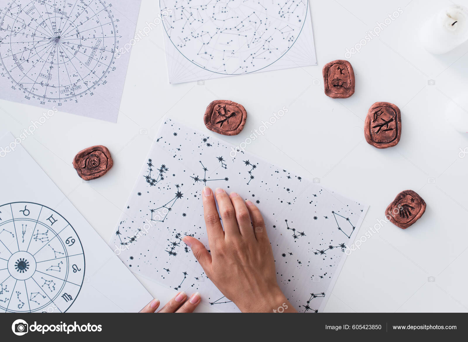 Top View Cropped Astrologer Celestial Charts Clay Runes — Stock Photo ...