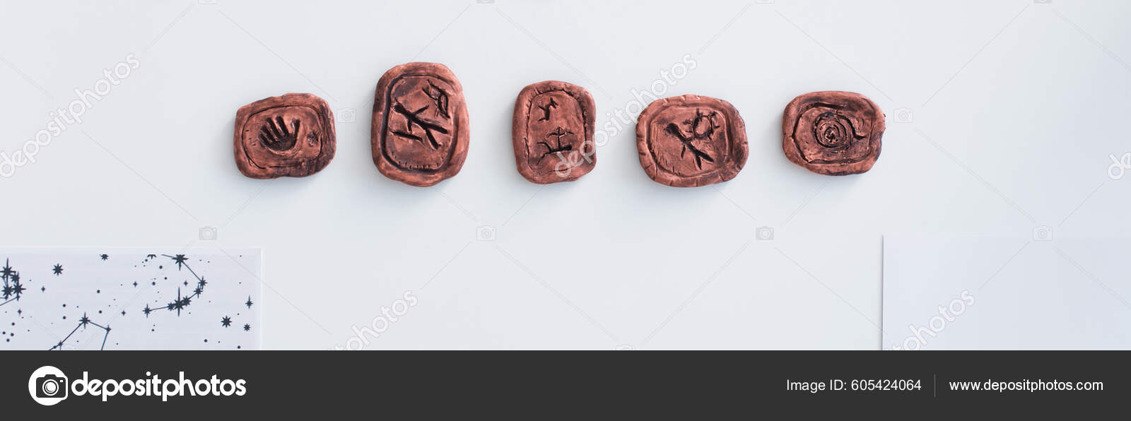 Top View Clay Runes Celestial Charts White Surface Banner — Foto de ...