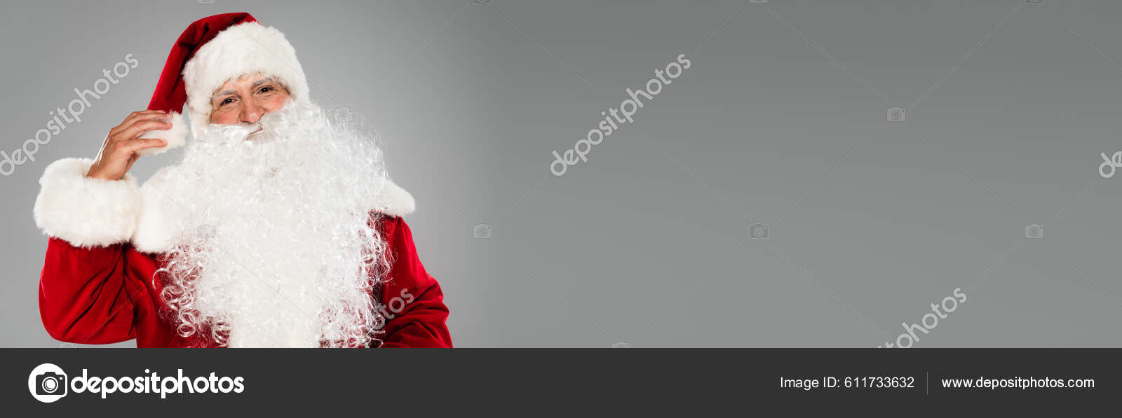 Father Christmas Costume Touching Hat Looking Camera Isolated Grey ...