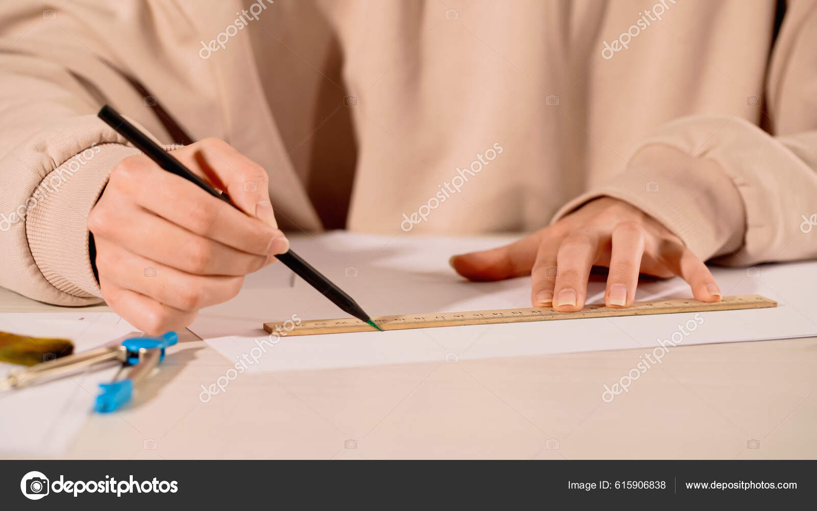 Cropped View Woman Drawing Ruler Pencil Compass Home — Stock Photo ...