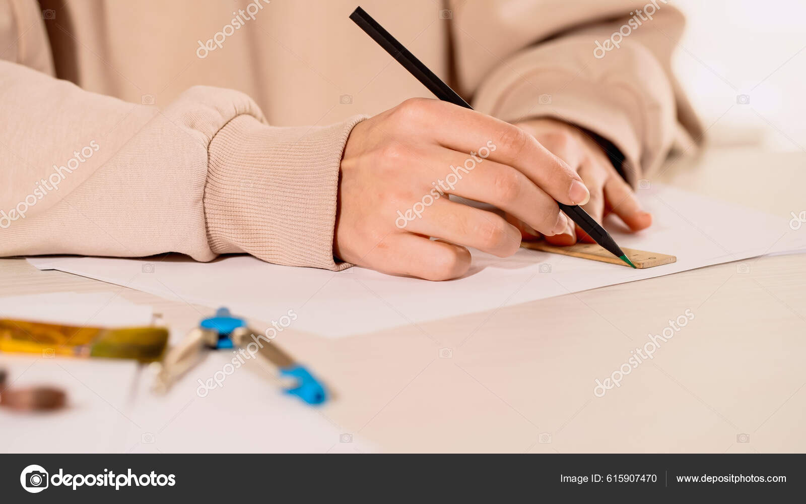 Cropped View Woman Drawing Ruler Paper Table — Stock Photo ...
