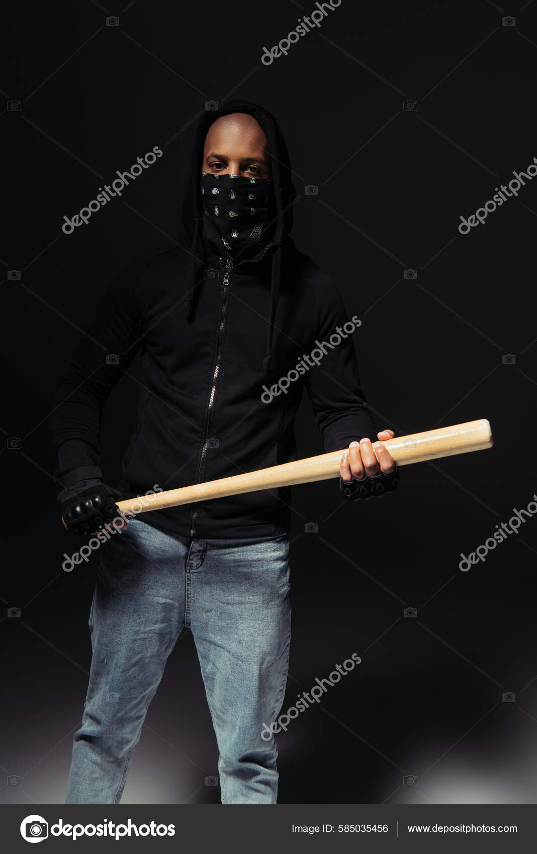 African American Hooligan Covered Face Holding Baseball Bat Black ...