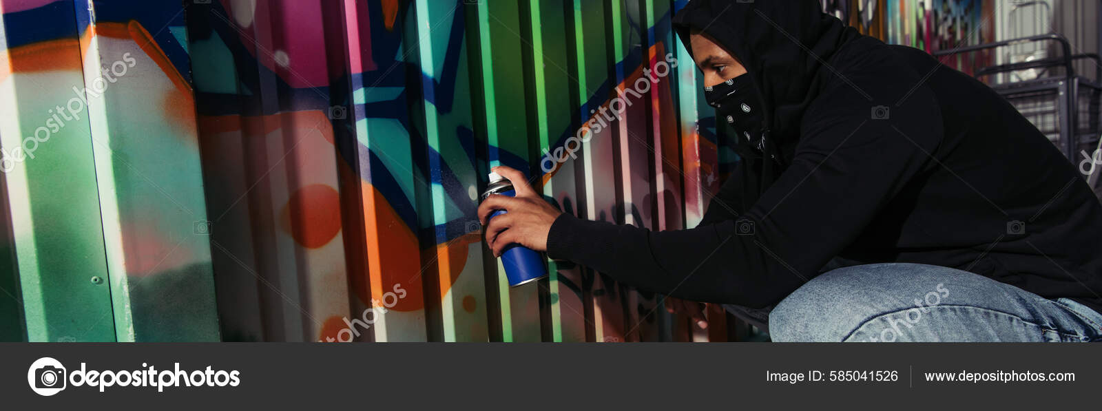 Side View African American Vandal Obscured Face Drawing Graffiti Wall ...