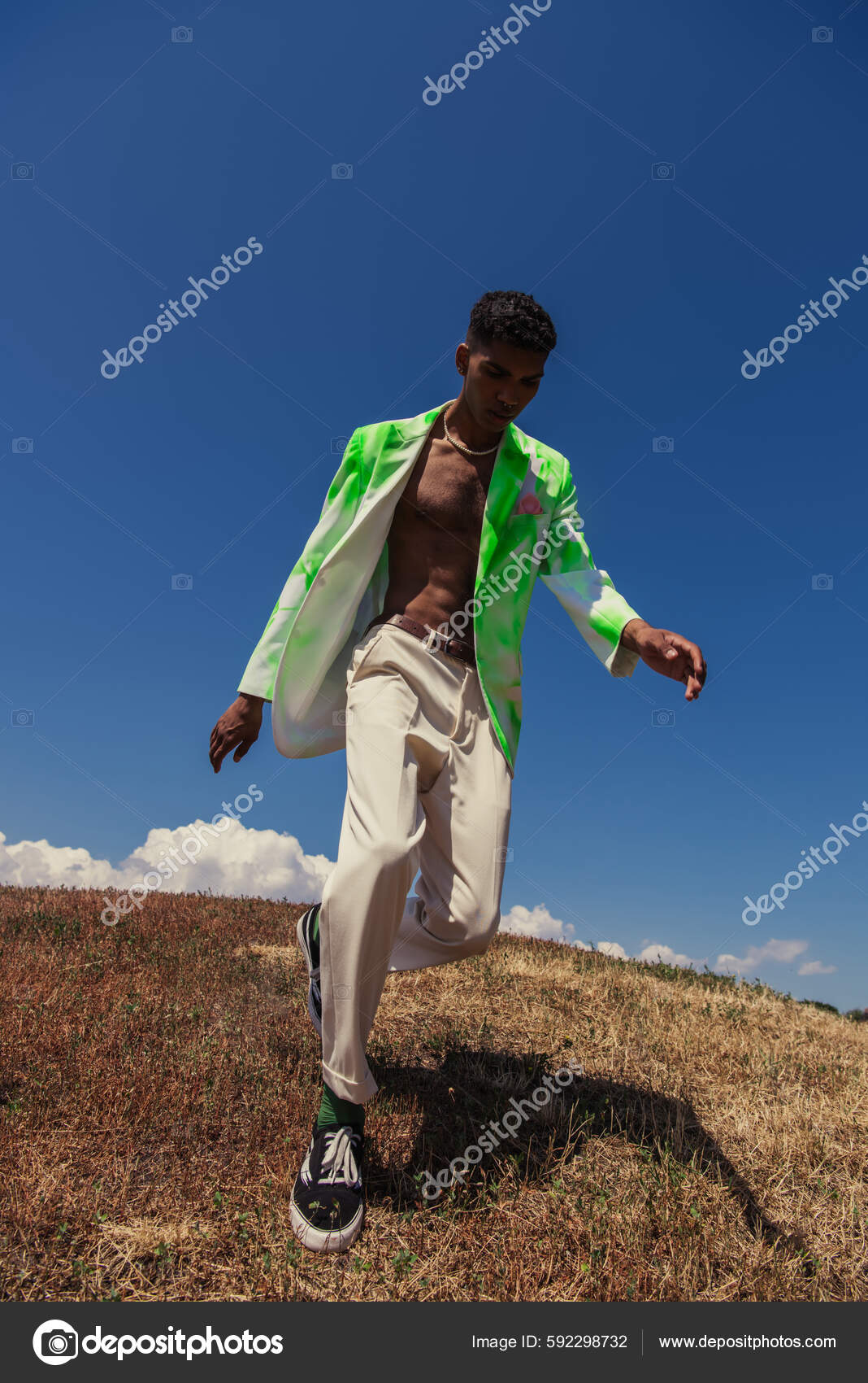 Full Length Trendy African American Man Running Field Summer Day ...