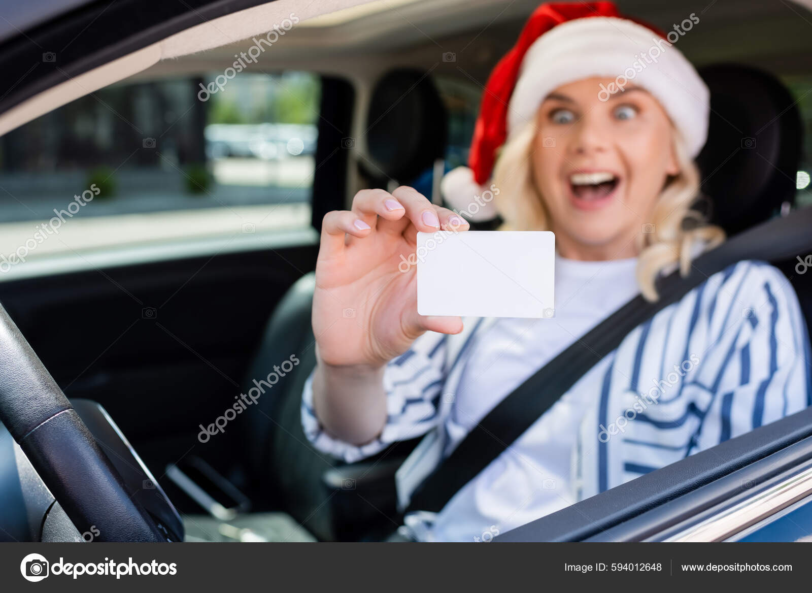 Blurred Excited Woman Santa Hat Holding Driving License Car — Stock ...