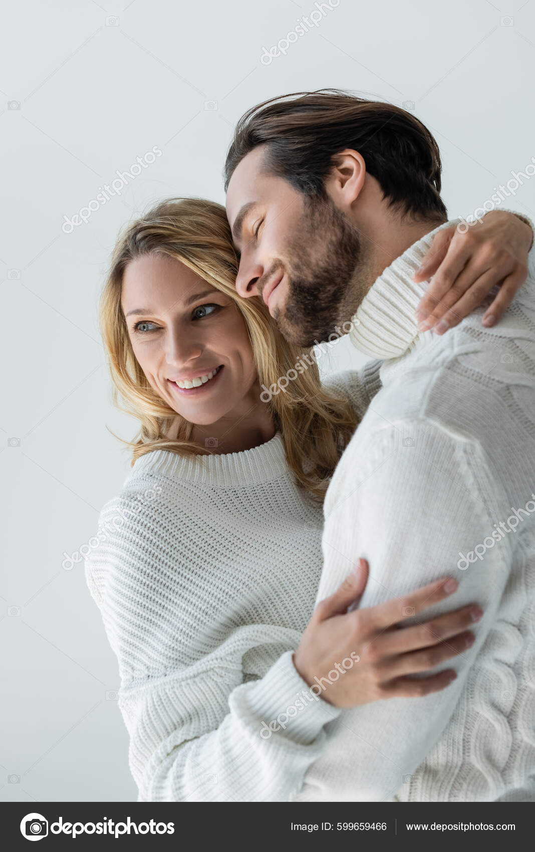 Cheerful Couple Knitted White Sweaters Jeans Smiling While Hugging ...