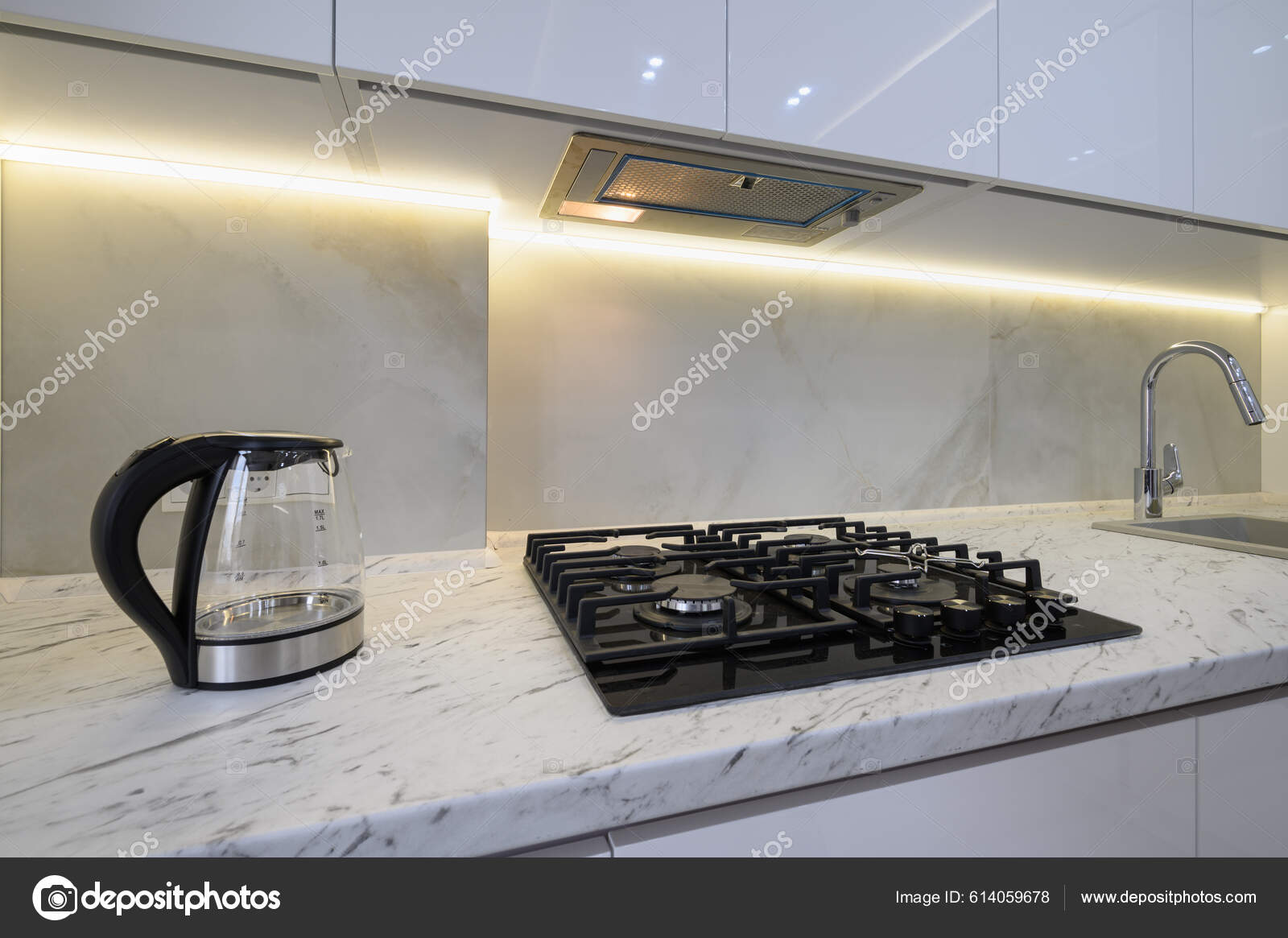 White Modern Kitchen Stove Glass Electric Kettle Worktop Stock Photo by ...