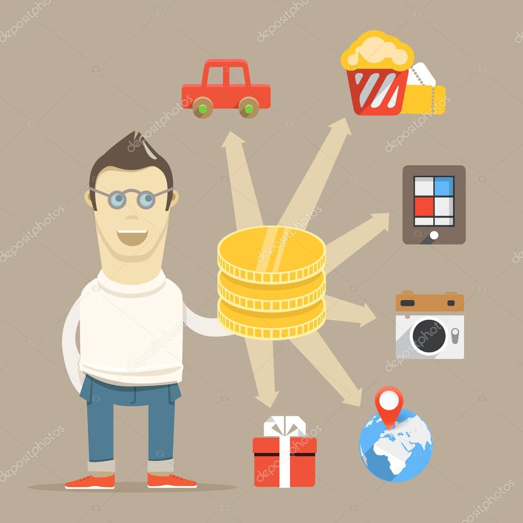 la forma de gastar el dinero. joven pensando — Vector stock © tovovan ...