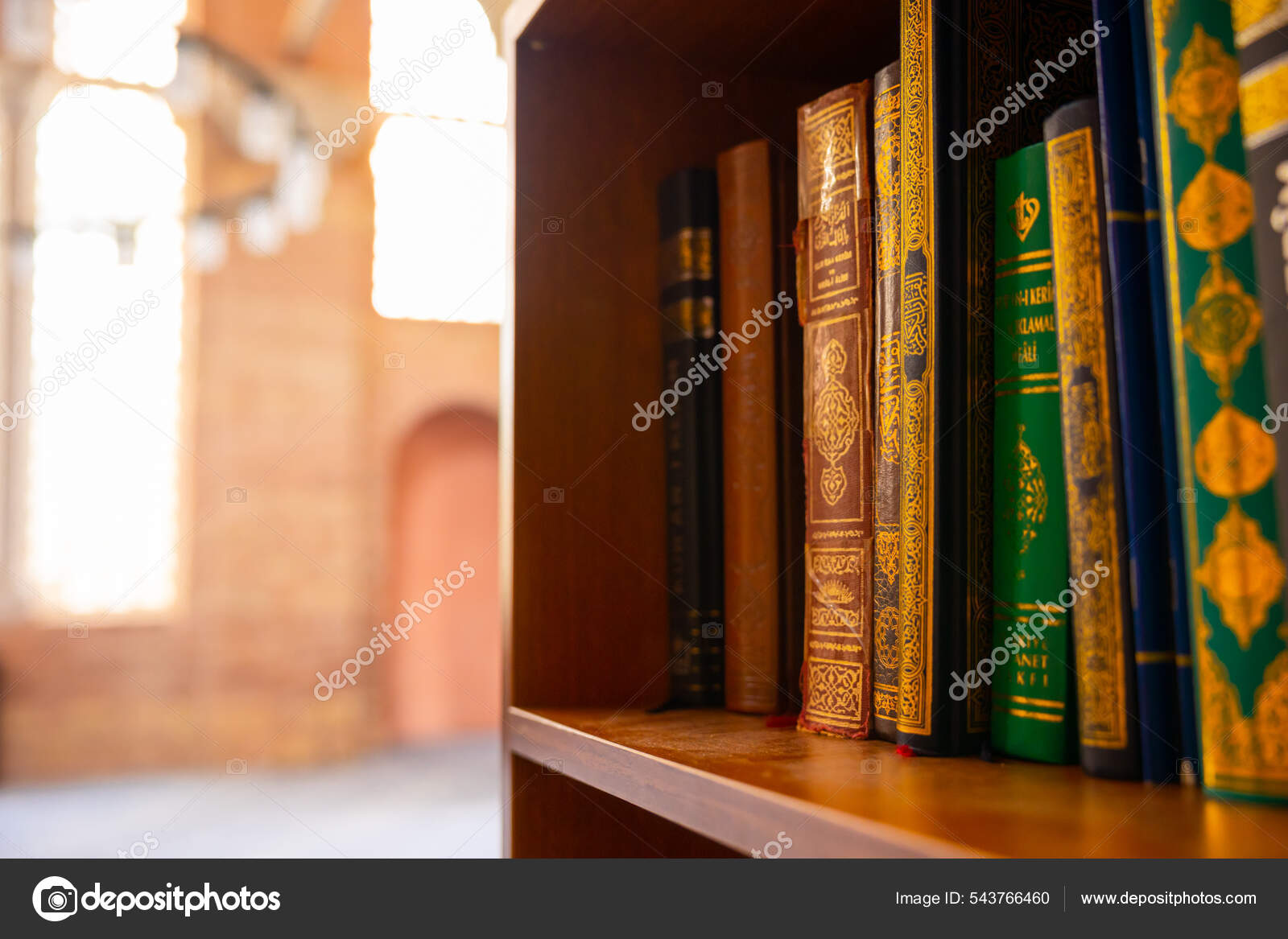 Islamic background photo. Bookshelf in a mosque and islamic literature ...