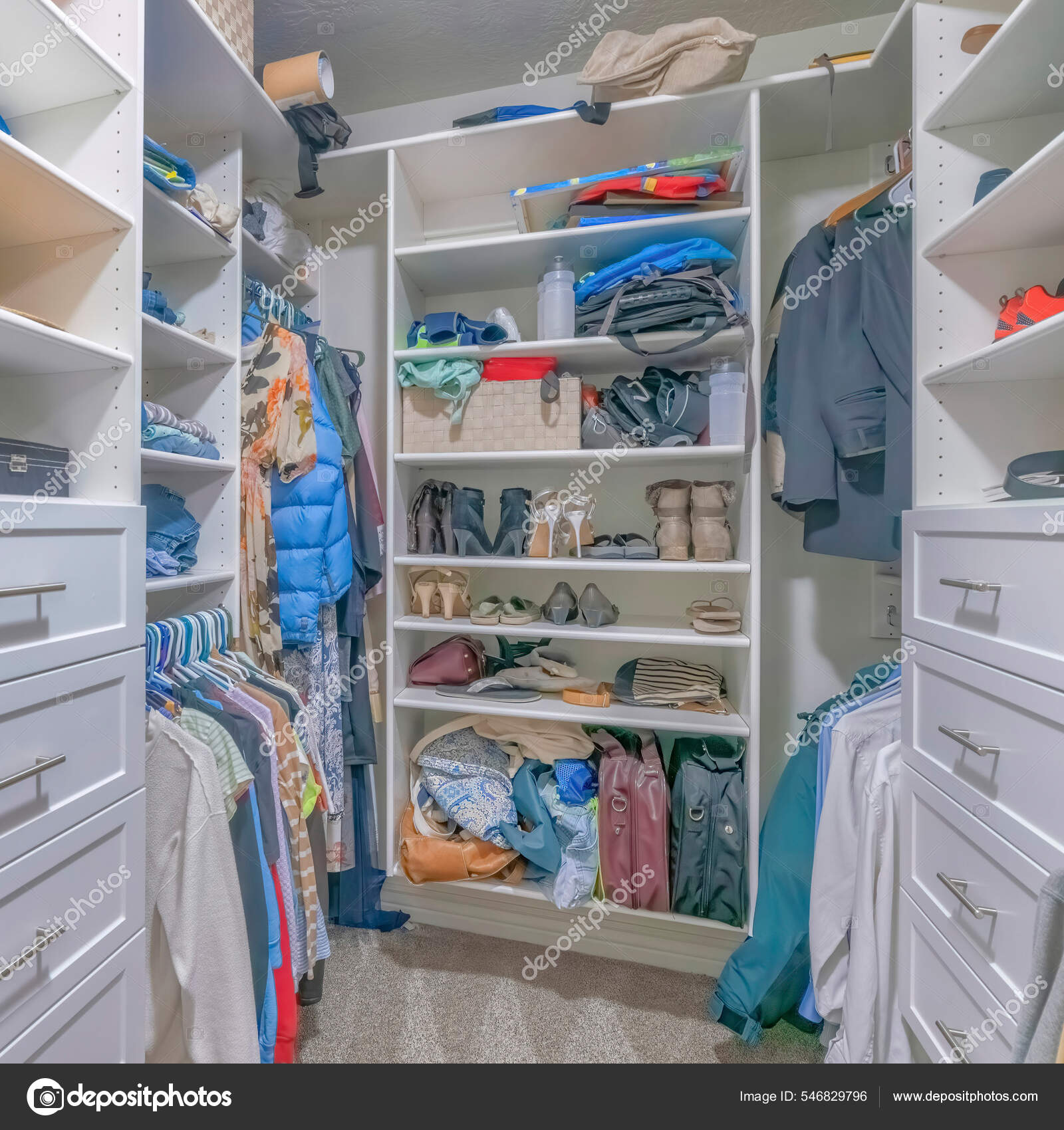 Square Walk in closet interior with white wooden shelving units — Stock ...