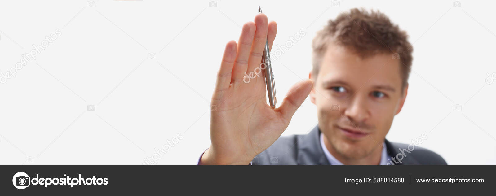 Portrait Handsome Businessman Wave Hello Holding Silver Pen Hand ...