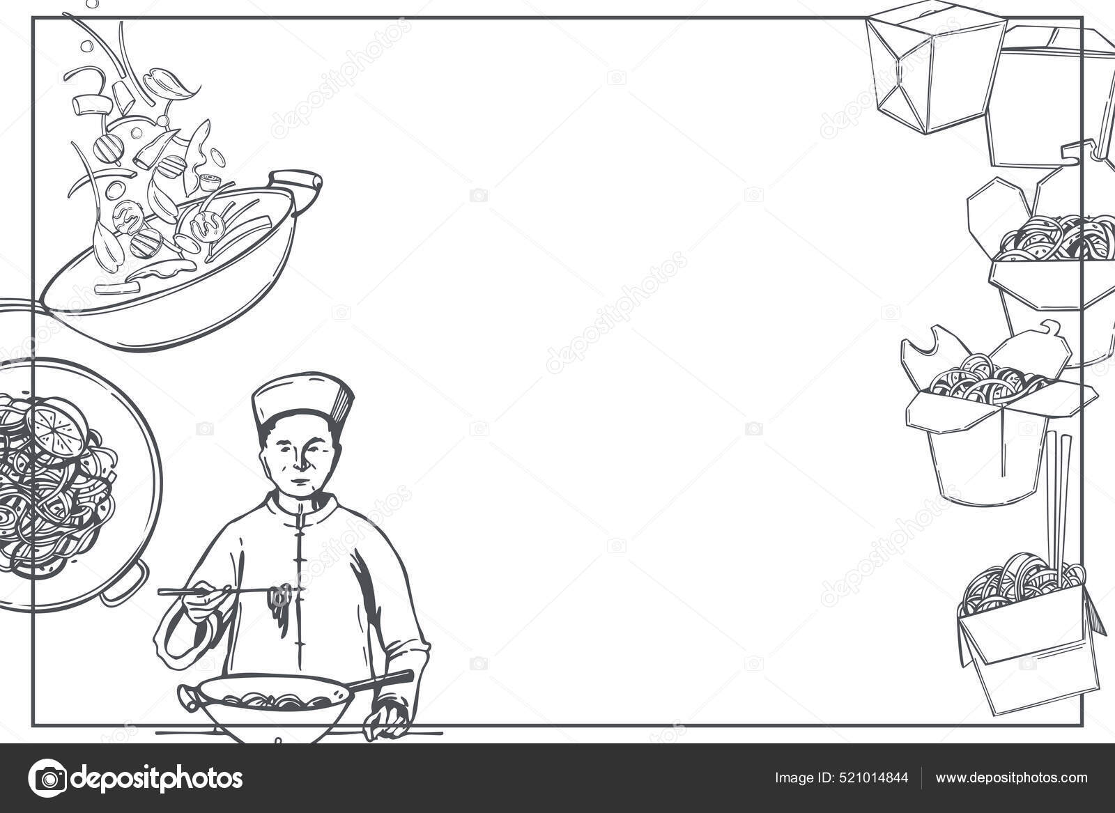 Hand Drawn Wok Set Asian Street Food Frying Pan Wok Stock Vector by ...
