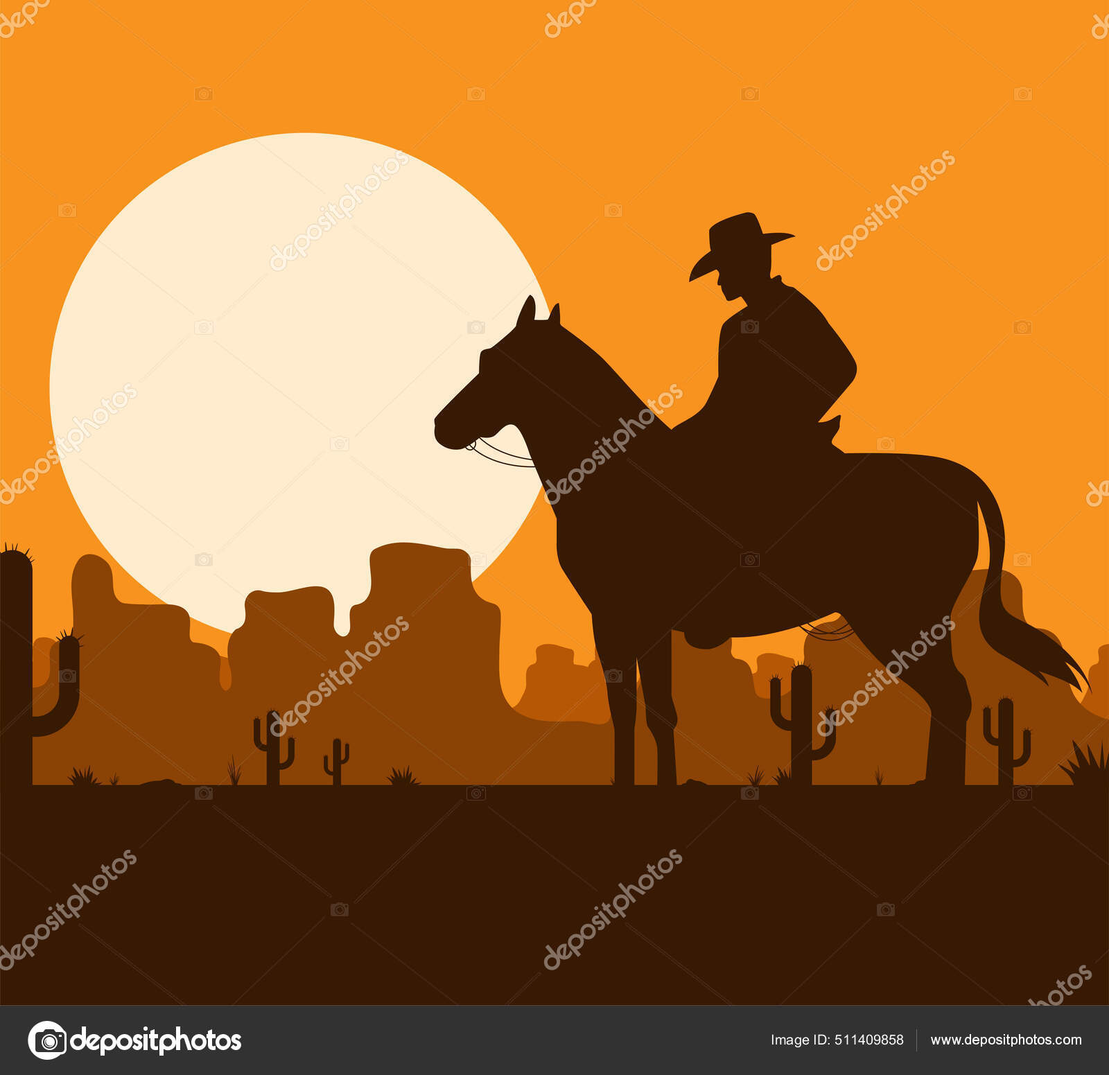 Western Desert Landscape Sunset Cowboy Silhouette Vector Illustration Stock Vector by ©Mix3r ...