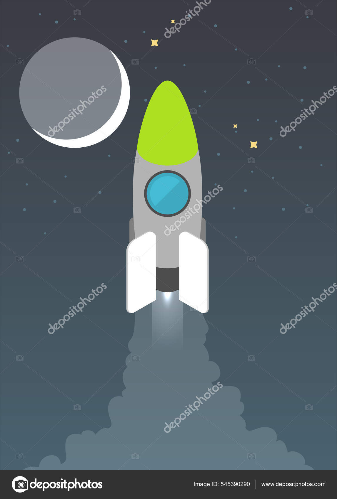 Flat Vector Illustration Spaceship Launch Isolated Space Background