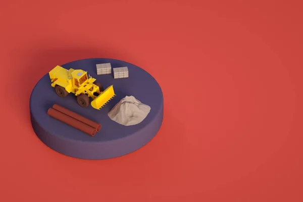 3D illustration, objects on a small stage yellow tractor, pipes, sand ...