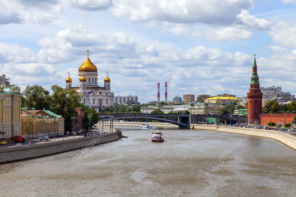 Moscow. Panorama of the Moscow river embankment and architectural ...