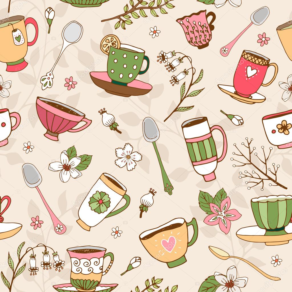 Dainty tea cups | Seamless background of tea cups and spoons — Stock ...