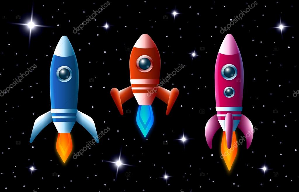 Three brightly colored rockets in outer space Stock Vector Image by ...