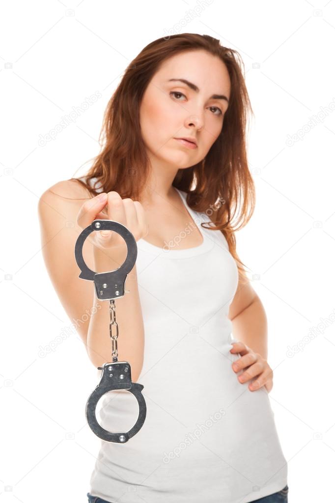 Beautiful woman with handcuffs isolated (focus on handcuffs) — Stock ... Beautiful woman with handcuffs isolated (focus on handcuffs) — Stock ...
