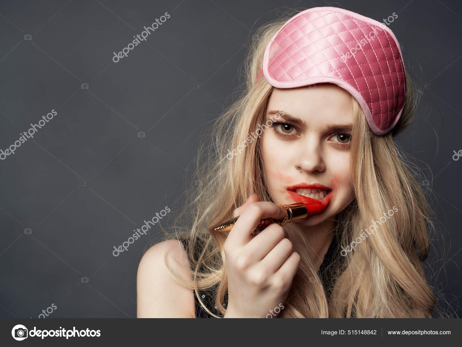 Drunk woman smeared lipstick night life alcohol bottle dark background ...