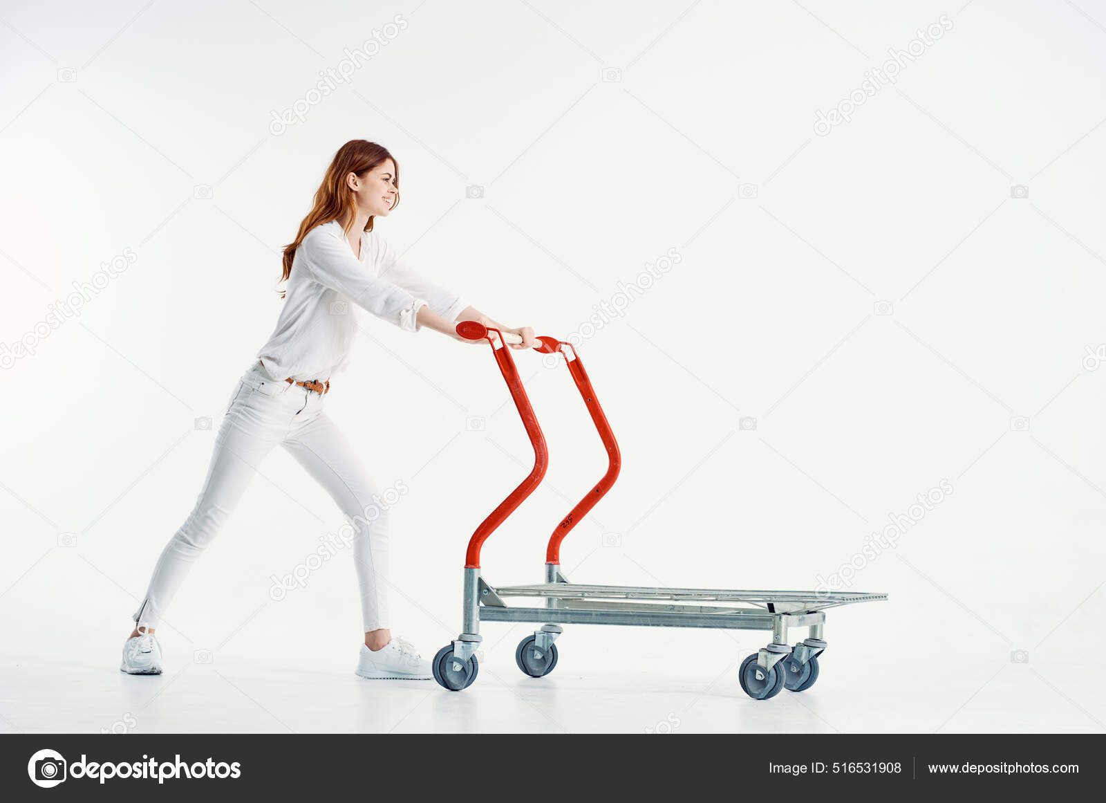 Woman riding trolley transporting goods supermarket light background ...