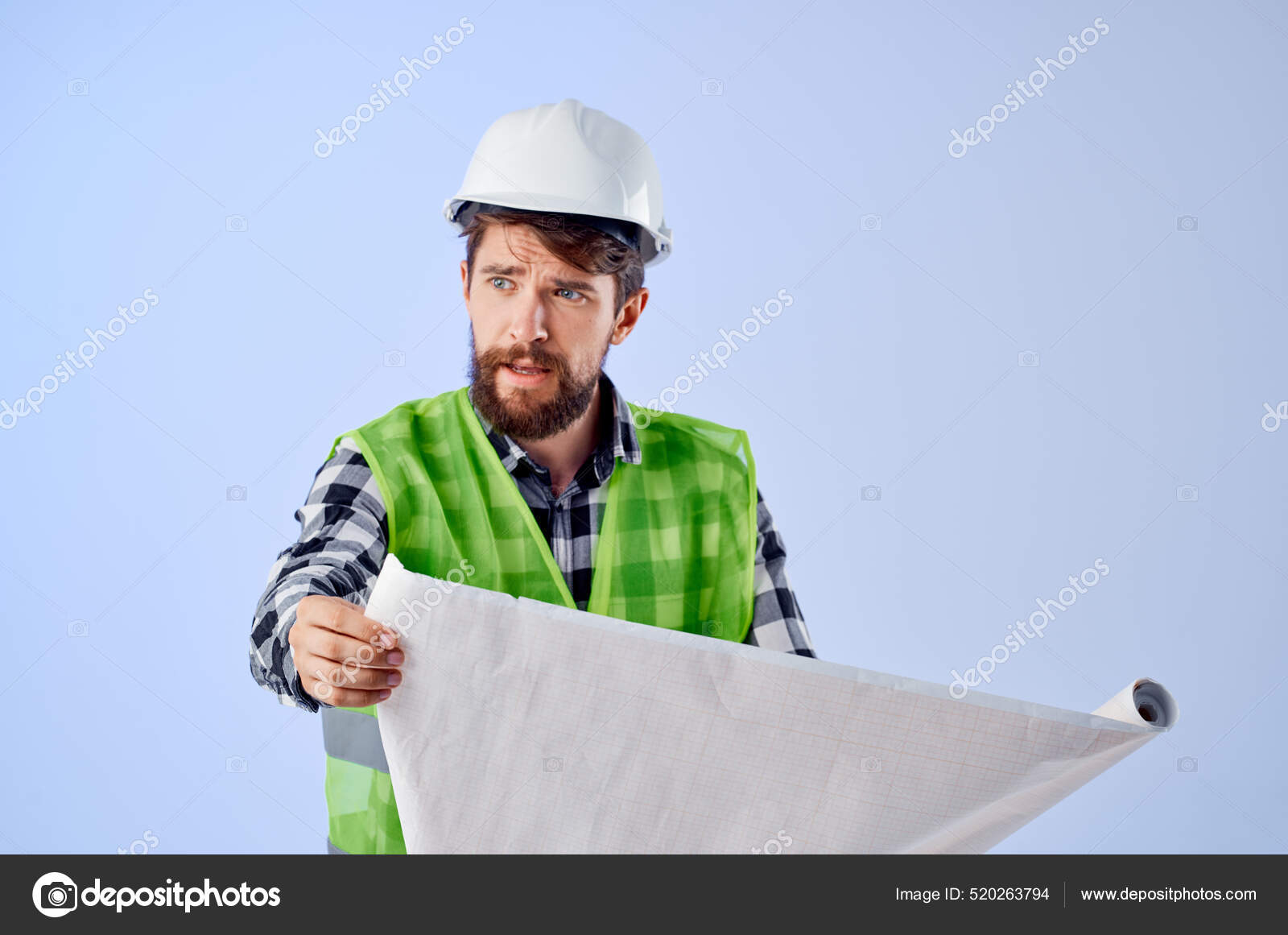 Male builder construction work design profession blue background ...