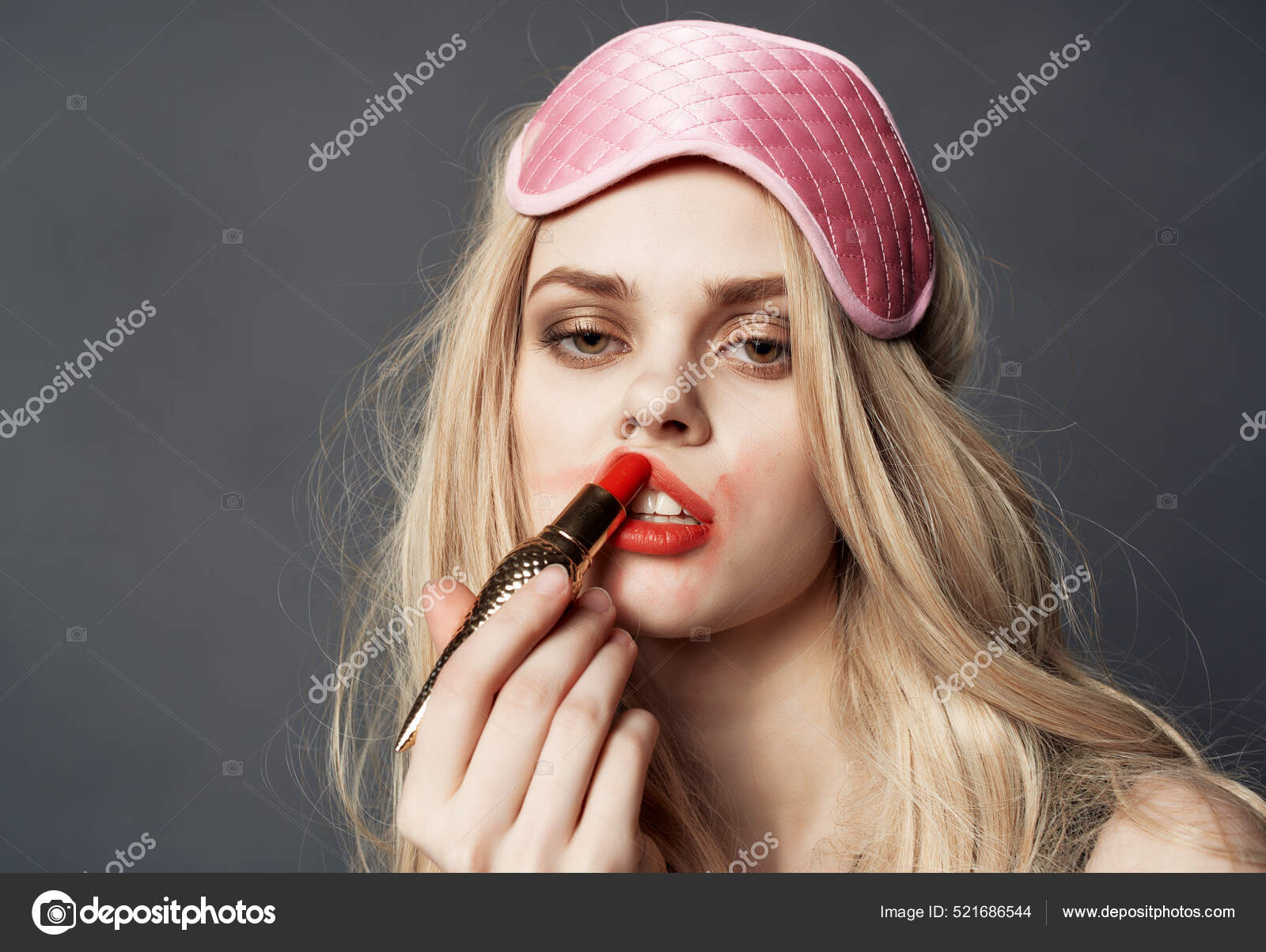 Drunk woman smeared lipstick night life alcohol bottle dark background ...