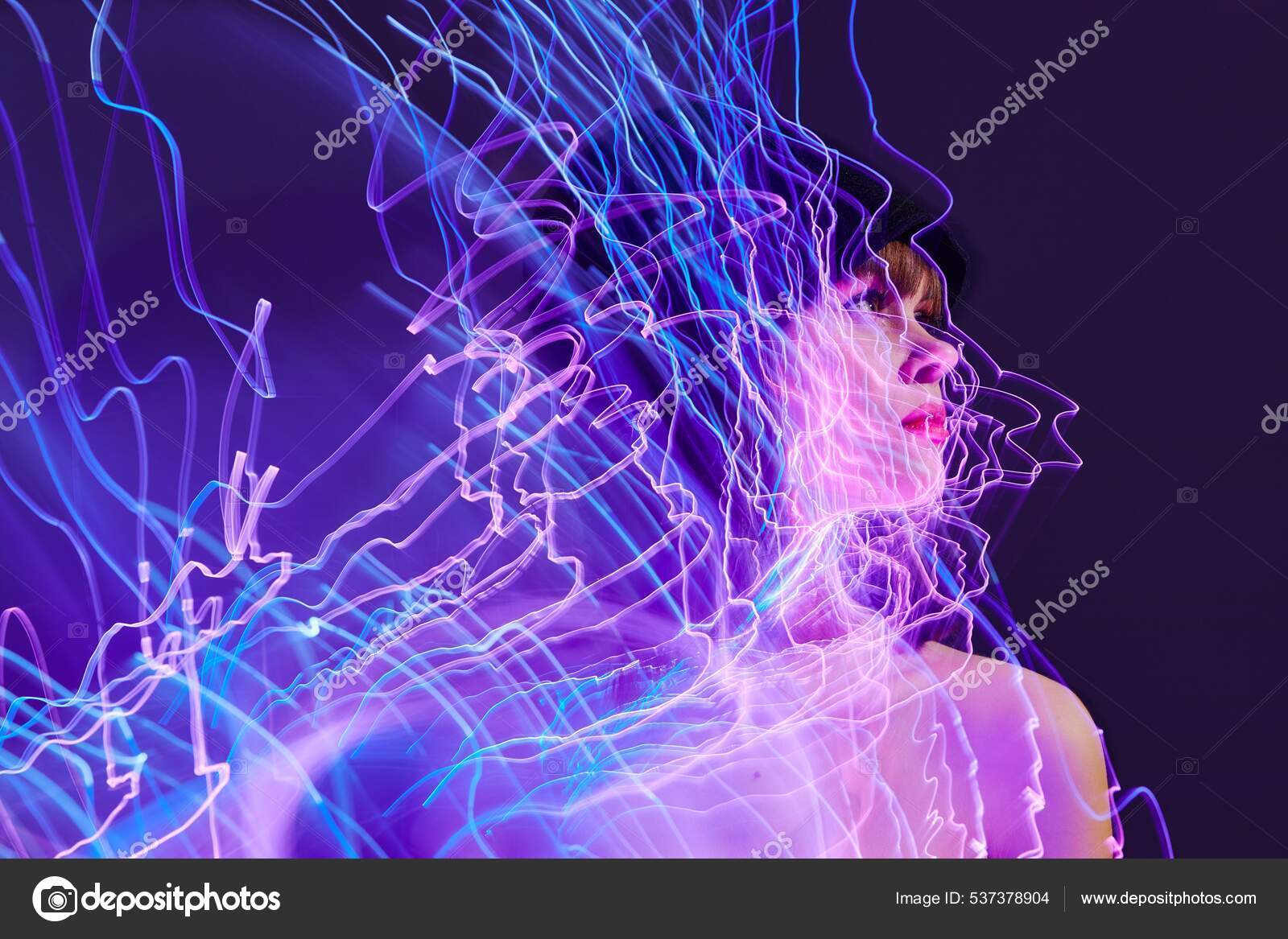 Pretty young female disco neon lines dispensing fashion color ...