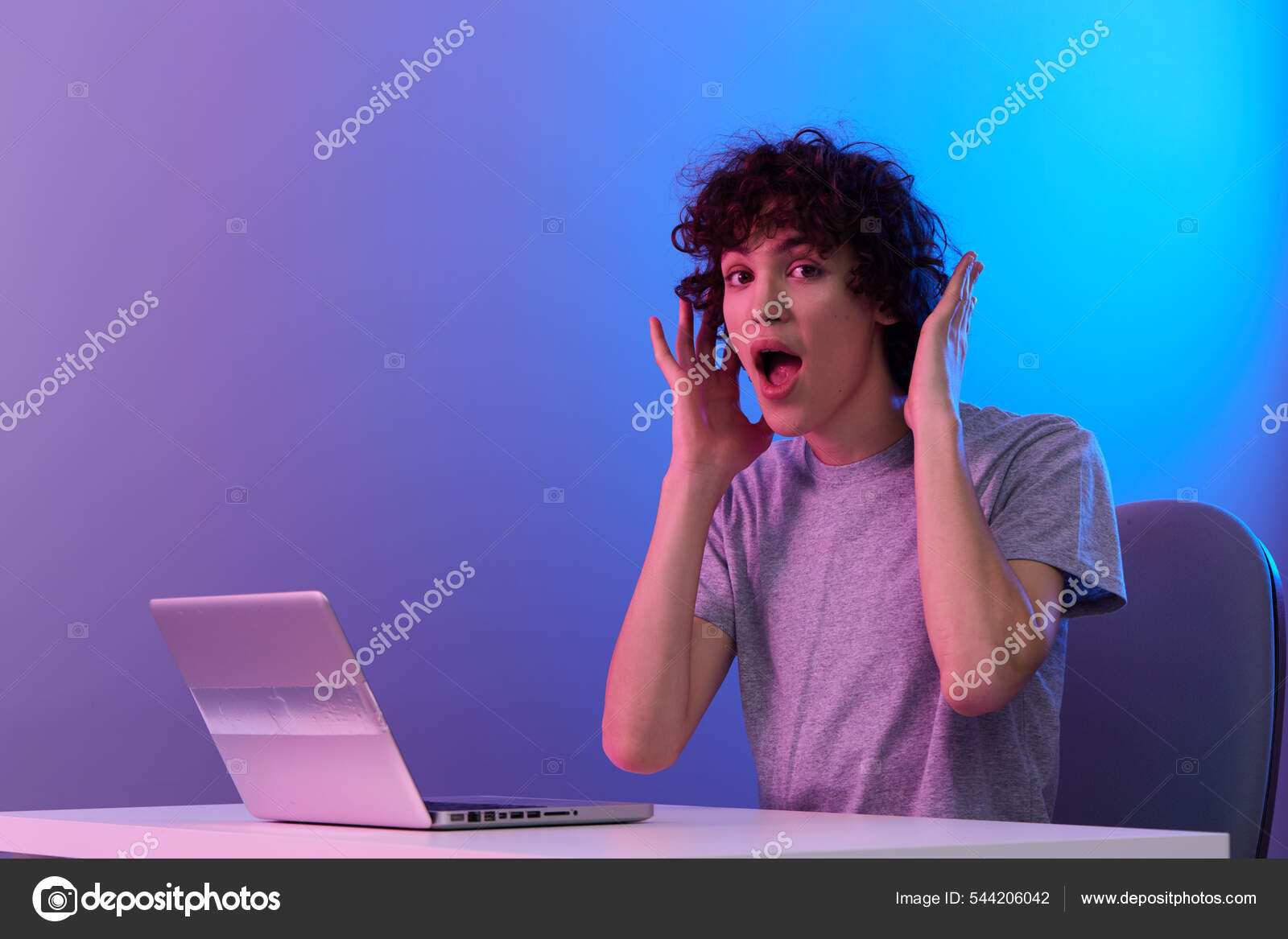 Man Sitting Table Playing Laptop Lifestyle Technology High Quality ...