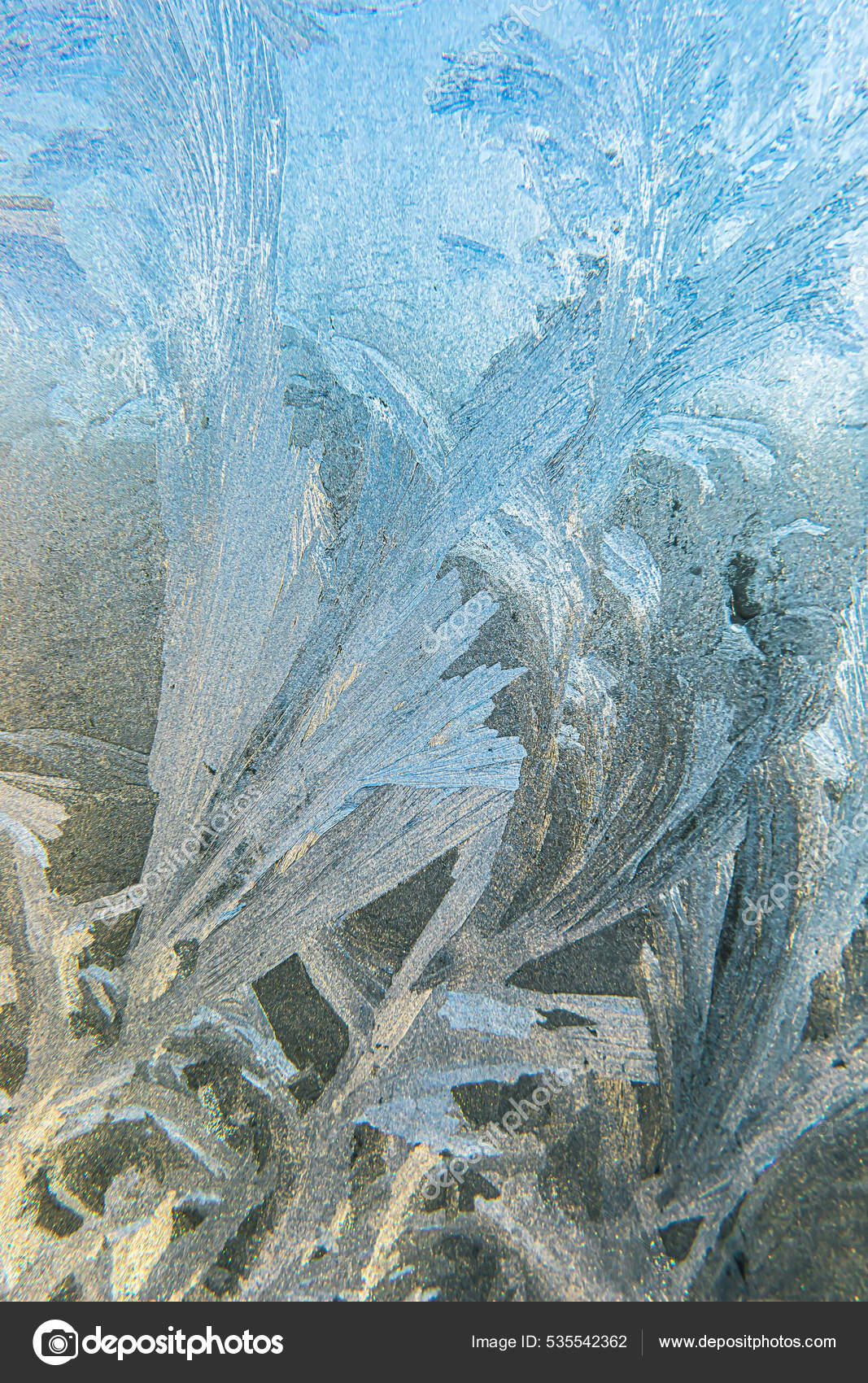 Frozen winter window with shiny ice frost pattern texture. Christmas ...