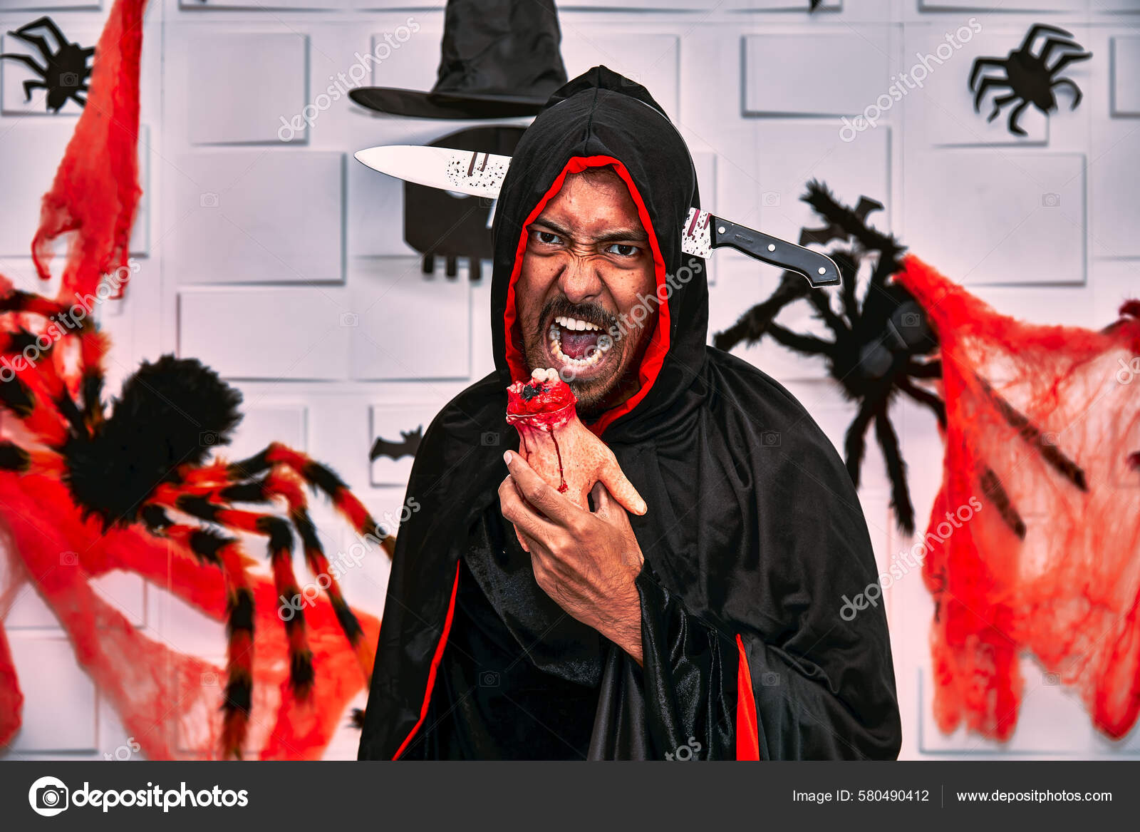 Necromancer Black Cloth Knife Head Holding Handshake Zombie Hand White ...