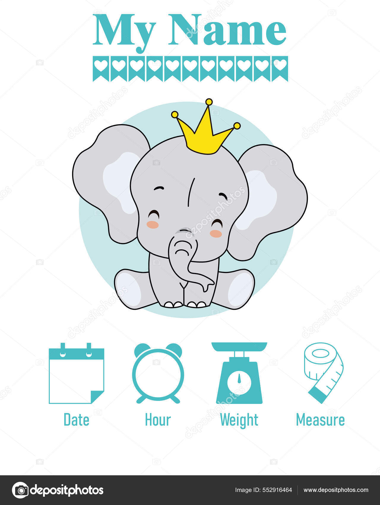 Cute Elephant Baby Birth Print Baby Data Template Birth Weight Stock ...