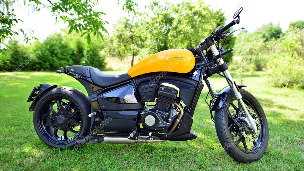 Warsaw, Poland. 19 July 2022. The Junak M15 motorcycle is a combination ...