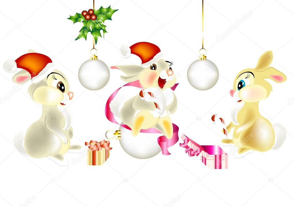 Christmas set pretty cartoon rabbits celebrate new year Stock Vector ...