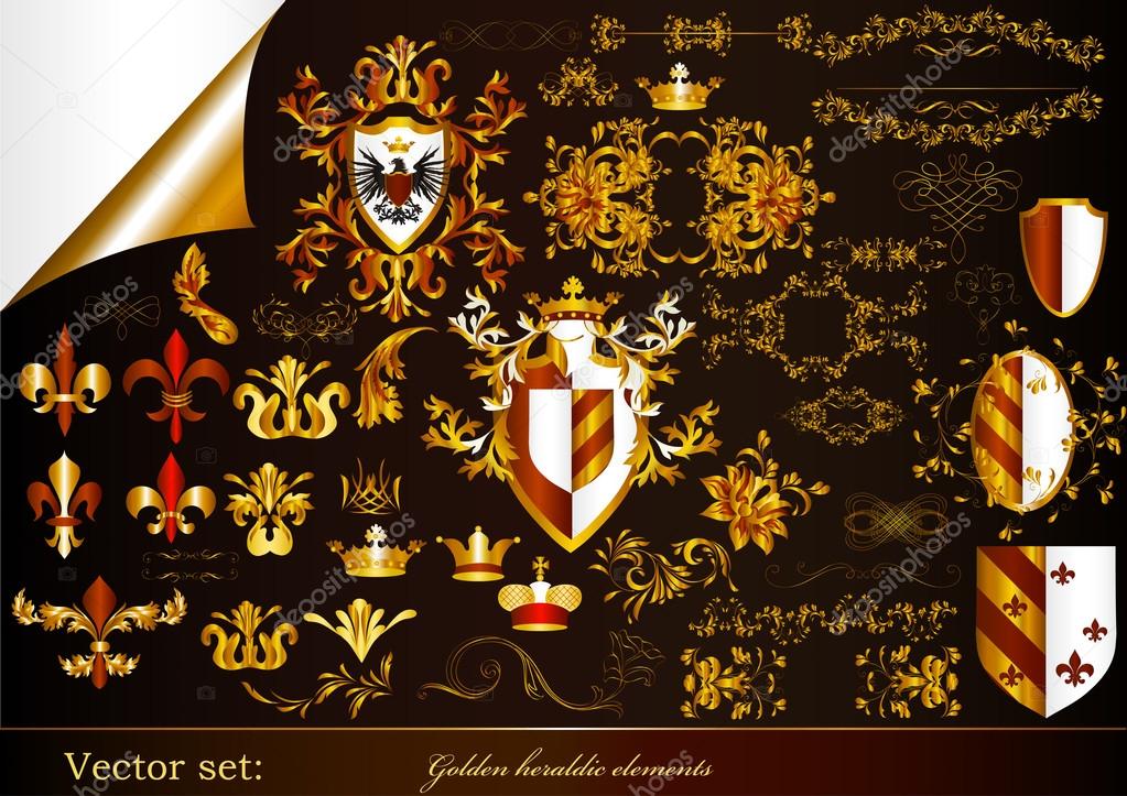 Collection of golden heraldic design elements in luxury style — Stock ...