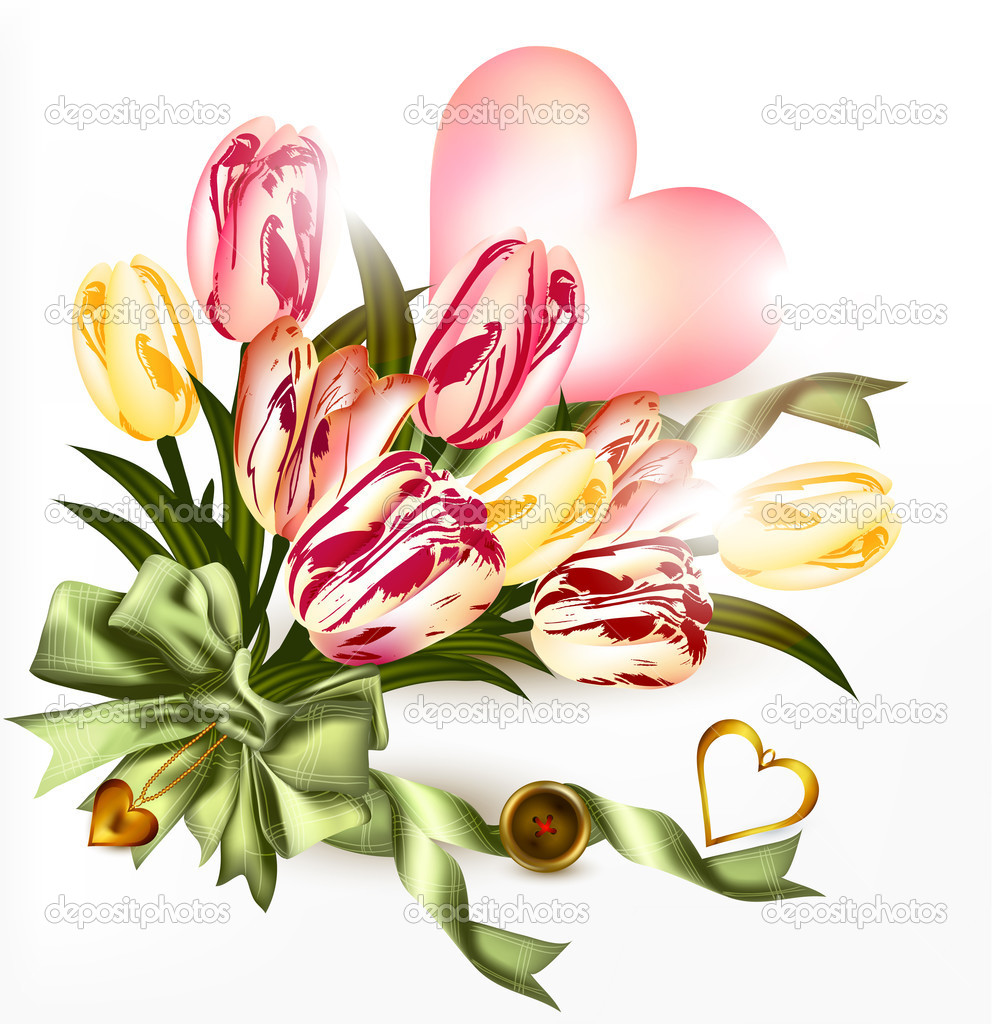Cute valentine background with pink heart and realistic tulip f Stock ...