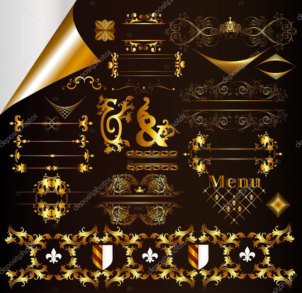 Gold-framed calligraphic design elements and page decorations Stock ...