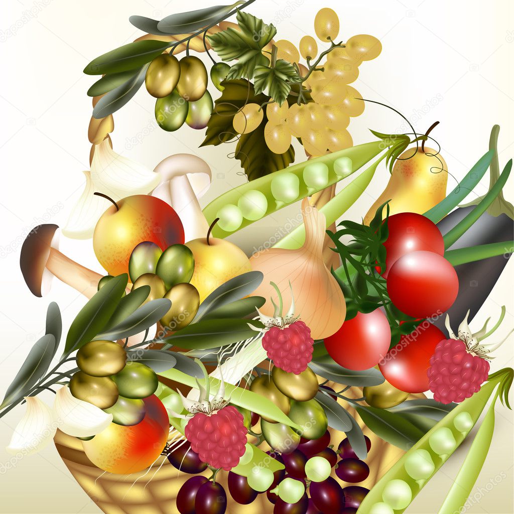 Vector food assorted fruit and vegetables olives, apple, raspbe ⬇ ...