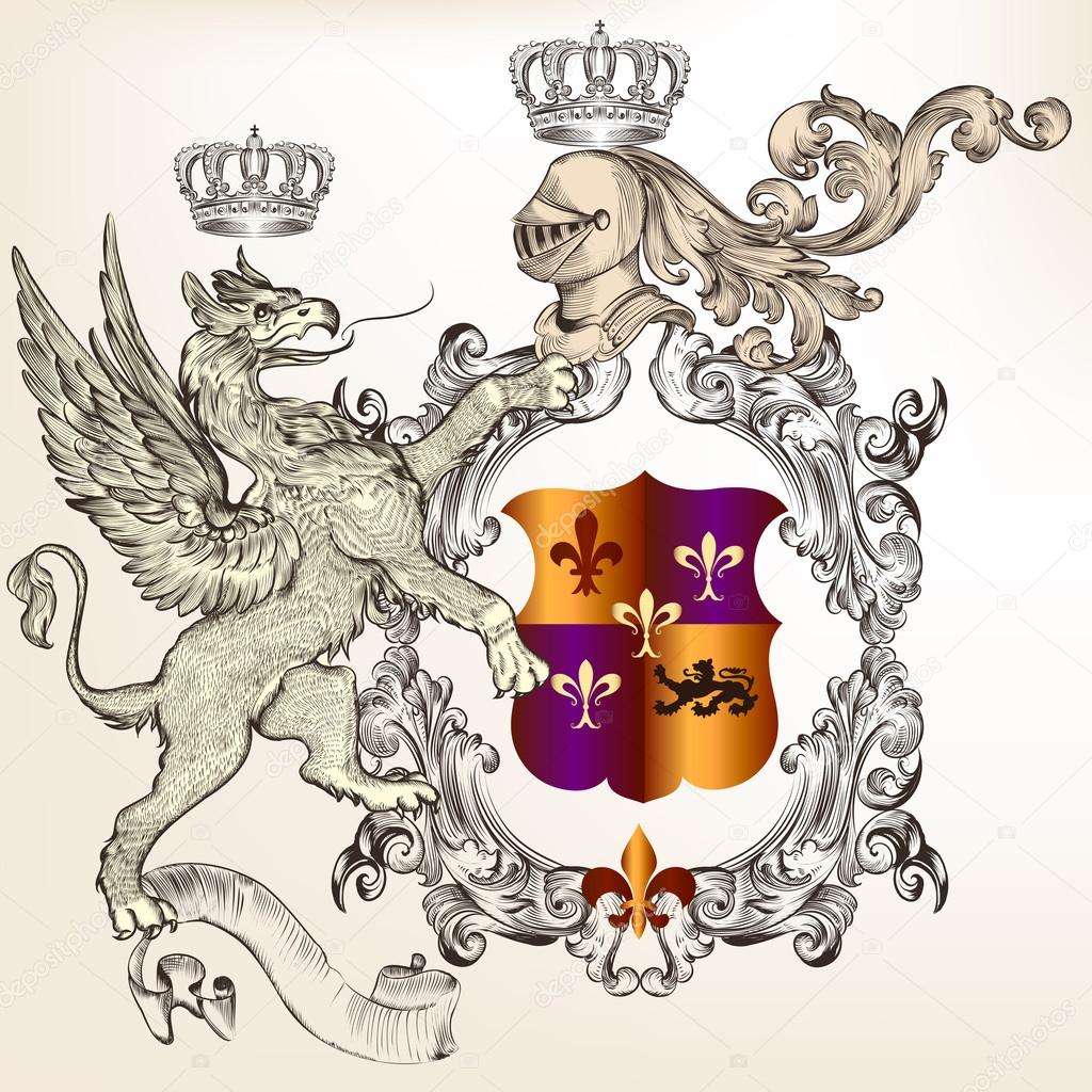 Heraldic design with griffin, knight and coat of arms Stock Vector ...