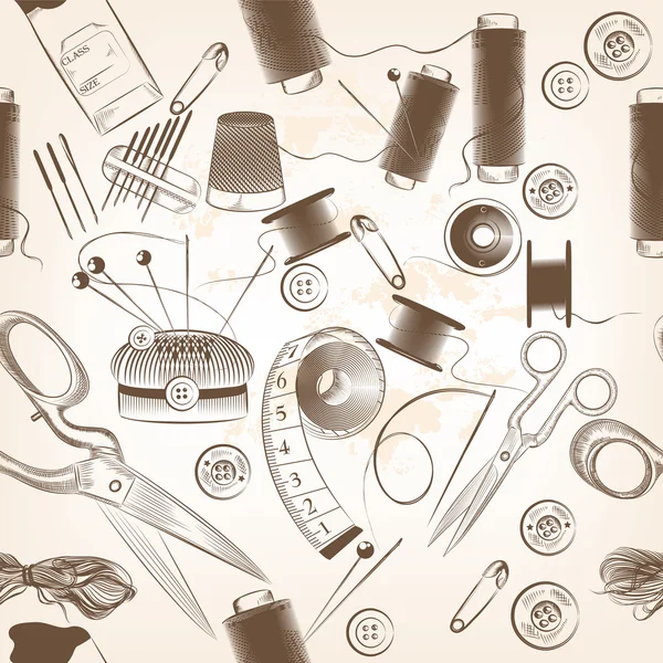 Seamless pattern with sewing tools. Vector hand drawn tailor equipments ...