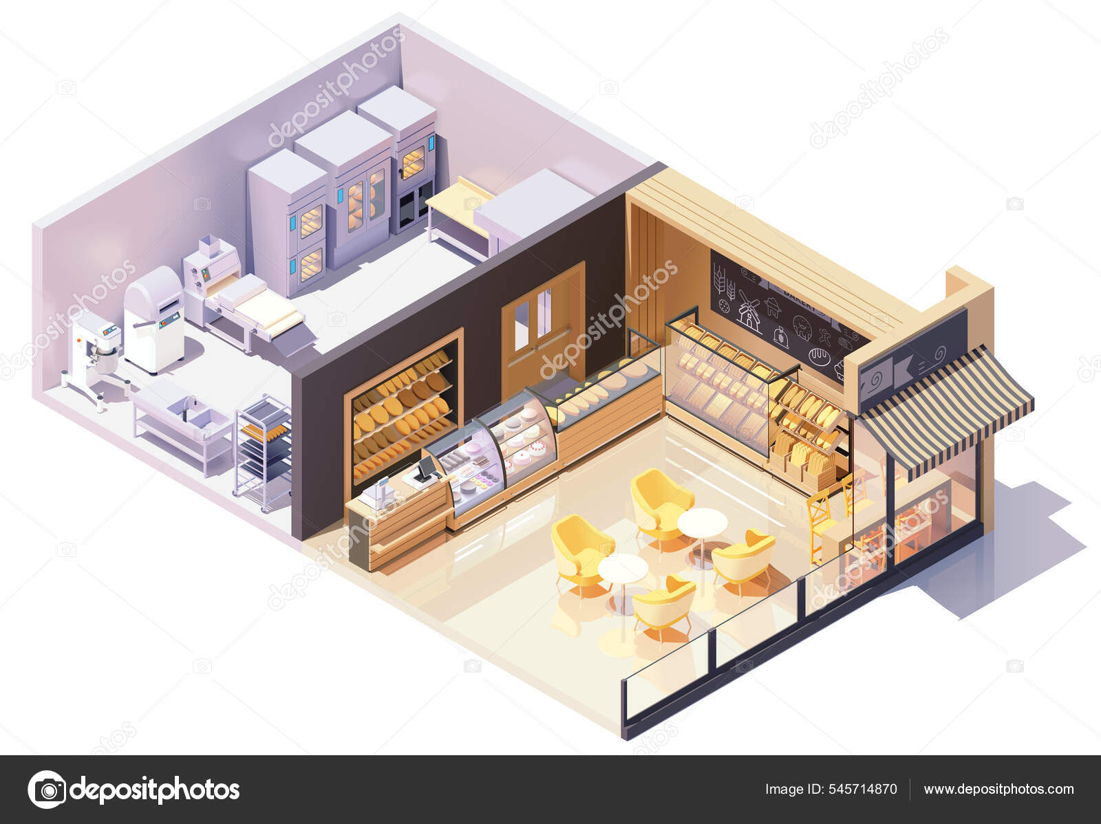 Vector Isometric Bakery Shop Cafe Interior Store Furniture Stands ...